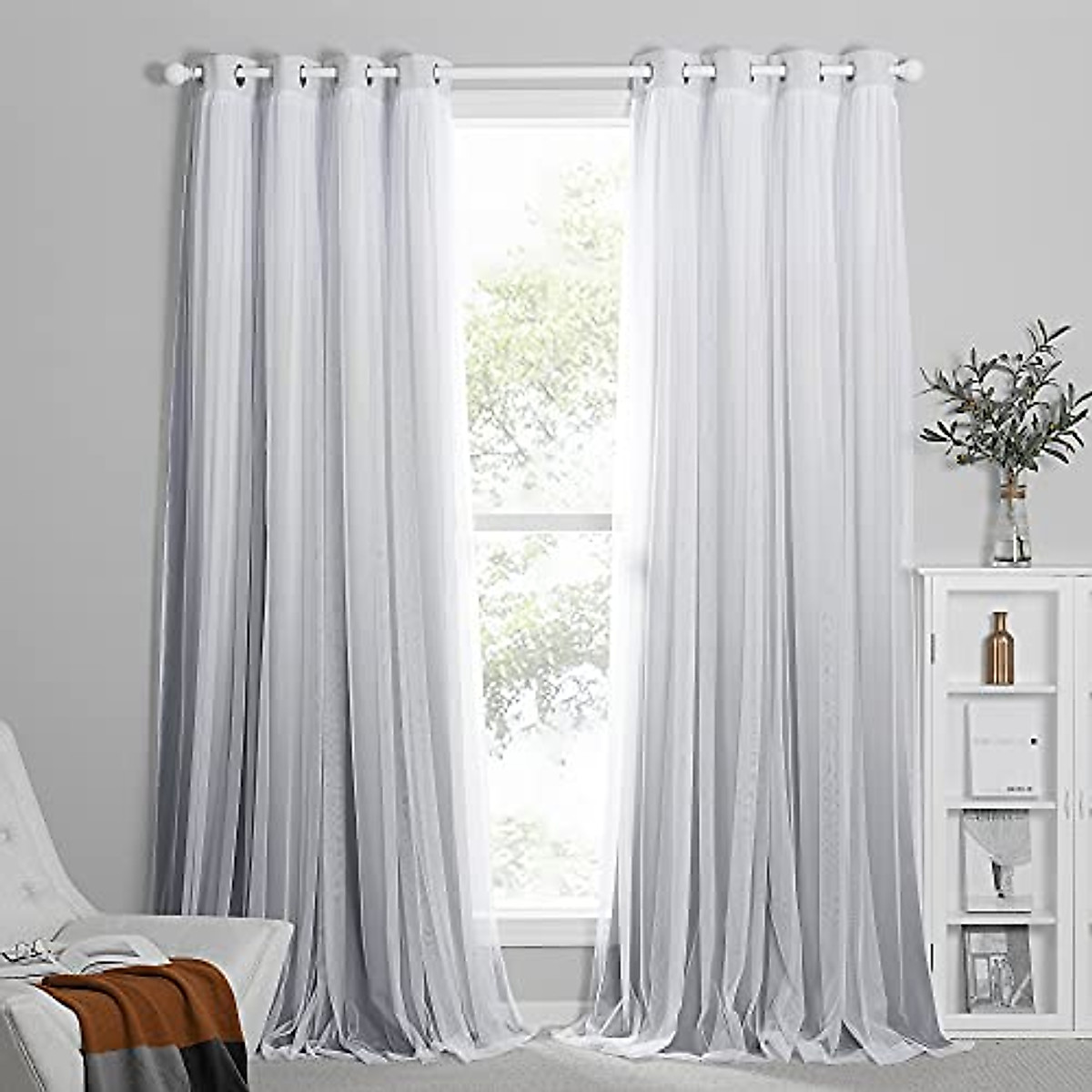 PONY DANCE Living Room Curtains - Blackout Curtains Grey Ombre with White Sheer Overlay Thermal Insulated Mix & Match for Home Decoration with Tie Ropes, W52 x L84 inch, 2 Panels