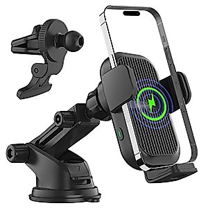 Wireless Car Charger with Cooling Version, Boaoige Auto-Clamping Car Phone Mount, 2 Coils 15W Qi Fast Charging Car Phone Holder for iPhone 14 13 Pro Max, Samsung S22 S21, Flip 4 3, Google Pixel 6 Pro