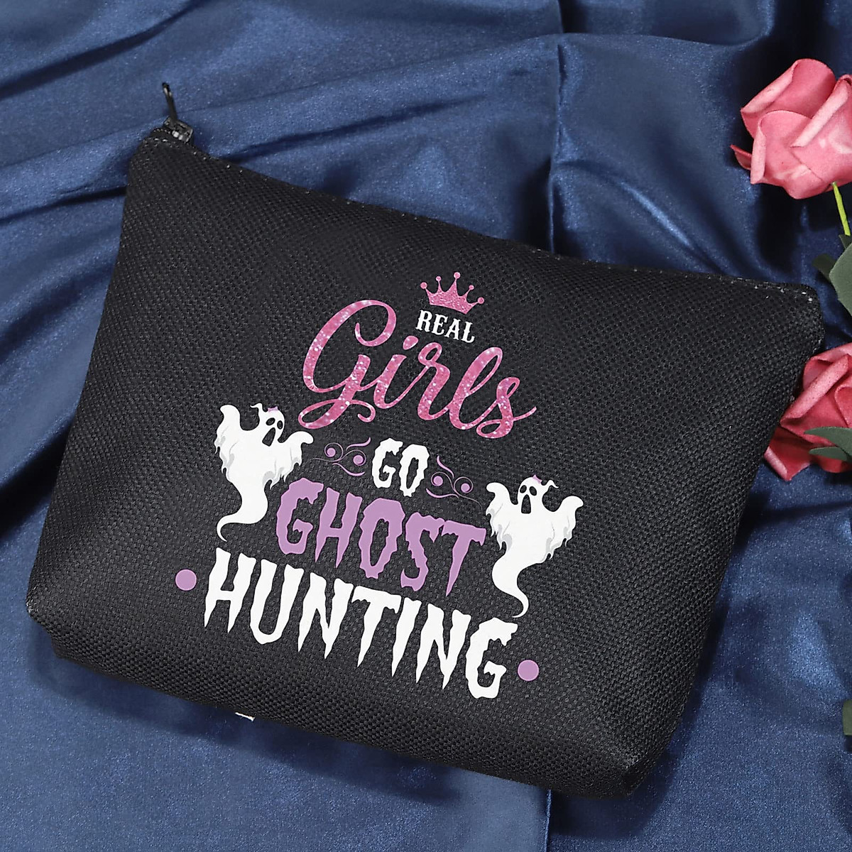 POFULL Ghost Hunter Gift Spooky Gift Real Girls Go Ghost Hunting Cosmetic Bag Paranormal Investigator Gift (Real Girls Go bag)