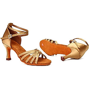 Rosefinch Women's Latin Dance Shoes Satin Professional Ballroom Salsa Practice Performance Wedding Dancing Shoes，Dance High Heels for Women Beige 2.75inch Heel