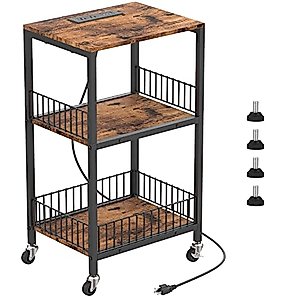 NORCEESAN End Table with Charging Station 3-Tier Side Table with USB Ports and Outlets Nightstand with Wheels Bedside Table with Storage Shelves for Bedroom, Living Room, Rustic Brown
