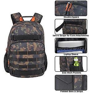 Skateboard Laptop Backpacks for School, Travel, and Work – Multipocket Skater Backpacks with Straps (Camo)