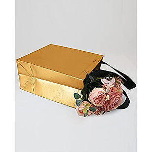 HUANN 12 Pcs Gold Gift Bags Medium Size Shine Reusable Gift Bags with Handles Metallic Glossy Non Woven Gift Bags for Wedding Christmas Party Birthday 8 x 5 x 10 Inch