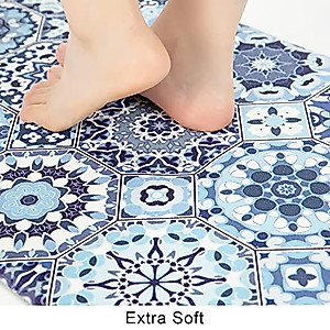 Crisjanggo 2PCS Kitchen Rugs and Mats, Blue Memory Foam Cushioned Anti Fatigue Comfort Floor Mat Non Slip PVC Waterproof Kitchen Carpet Set for Kitchen Laundry Sink 17"x48"+17"x28"