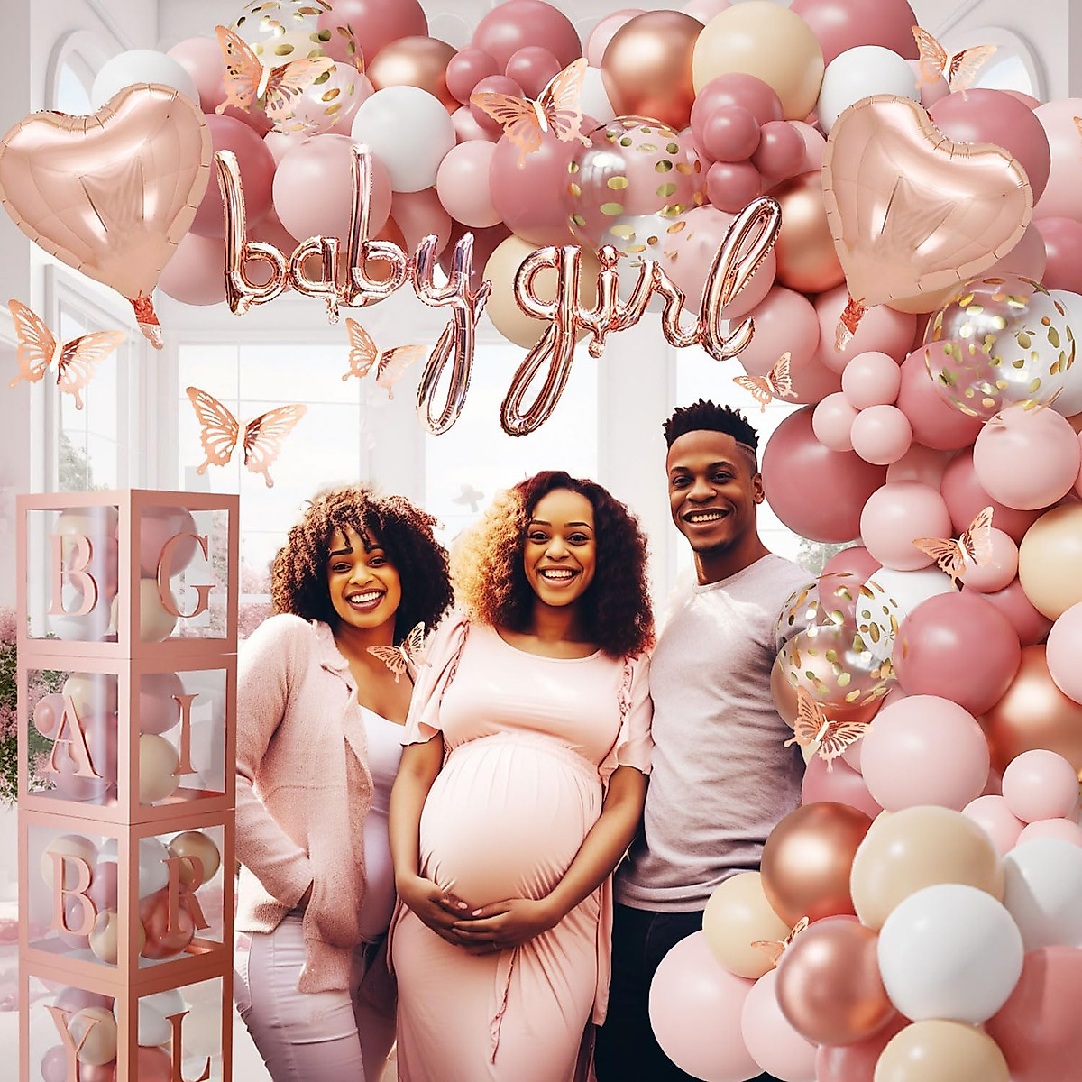 132pcs Rose Gold Baby Shower Decorations with Girl Baby Boxes, Boho Blush Pink Tan Butterfly Balloon Arch Kit Baby Box with Letters for Women Birthday Bridal Wedding Tea Party Valentine’s Day