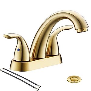 Phiestina Brushed Gold 4 Inch Centerset 2 or 3 Holes 2 Handle Bathroom Faucet, Bathroom Faucet with Copper Pop Up Drain and Water Supply Lines, BF008-5-BG