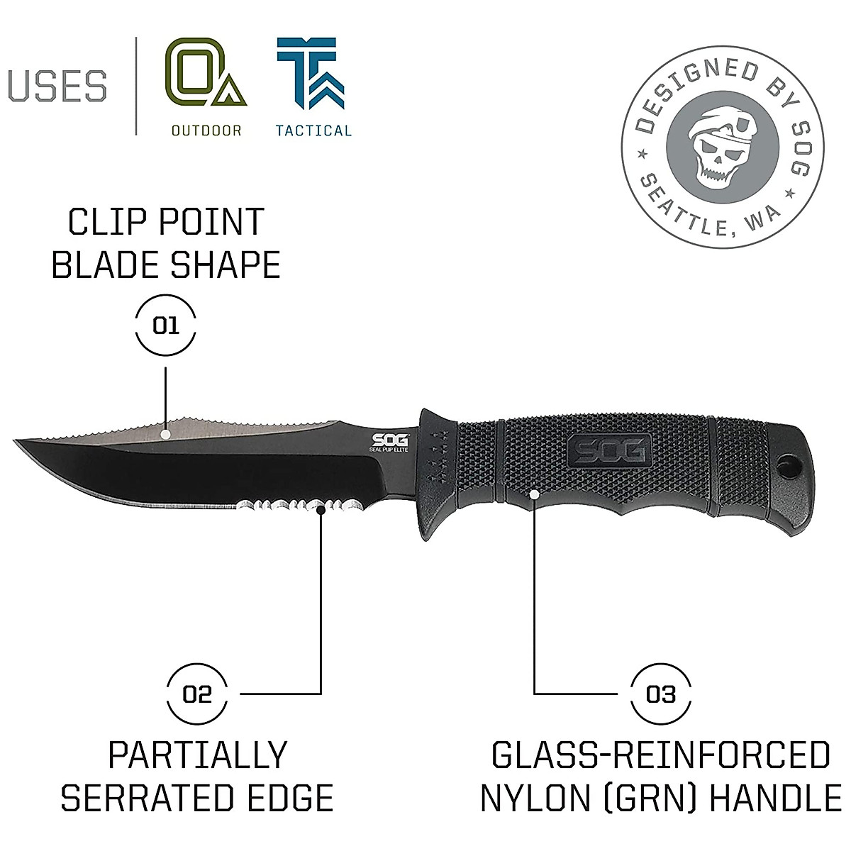 SOG Seal Pup Elite Tactical Fixed Blade- Survival and Hunting Knife with Sheath, 4.75 Inch Combat Knife Blade (E37T-K)