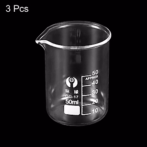 PATIKIL 3Pcs 50ml Low Form Glass Beaker, 3.3 Borosilicate Glass Graduated Printed Scale Measuring Cups with Spout for Kitchen Lab Liquids