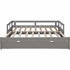 MERITLINE Daybed with Trundle,Twin to King Trundle Bed Extendable Design, Wooden Daybed/Sofa Bed for Bedroom Living Room,No Box Spring Needed,Grey