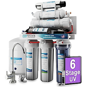 NU Aqua 6-Stage UV Under Sink Reverse Osmosis Water Filter System - Booster Pump - 100 GPD RO Filtration w/Faucet & Tank - UV - 100GPD Undersink - Home & Kitchen Drinking Purifier