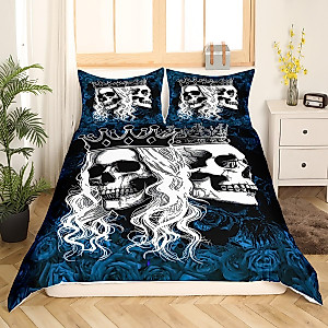 Manfei Gothic Skull Duvet Cover Set King Size, Skeleton Couple Comforter Cover with 2 Pillowcases, Blue Rose Flower Bedding Set 3pcs for Kids Boys Girls Adults Room Decor Lightweight Bedspread Cover