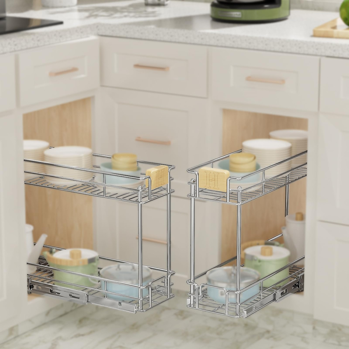 ROOMTEC Pull Out Cabinet Organizer With Wooden Handle 7½" W x 21½" D 2-Tier Cabinet Drawer Pull Out Shelves Under Cabinet Storage for Kitchen