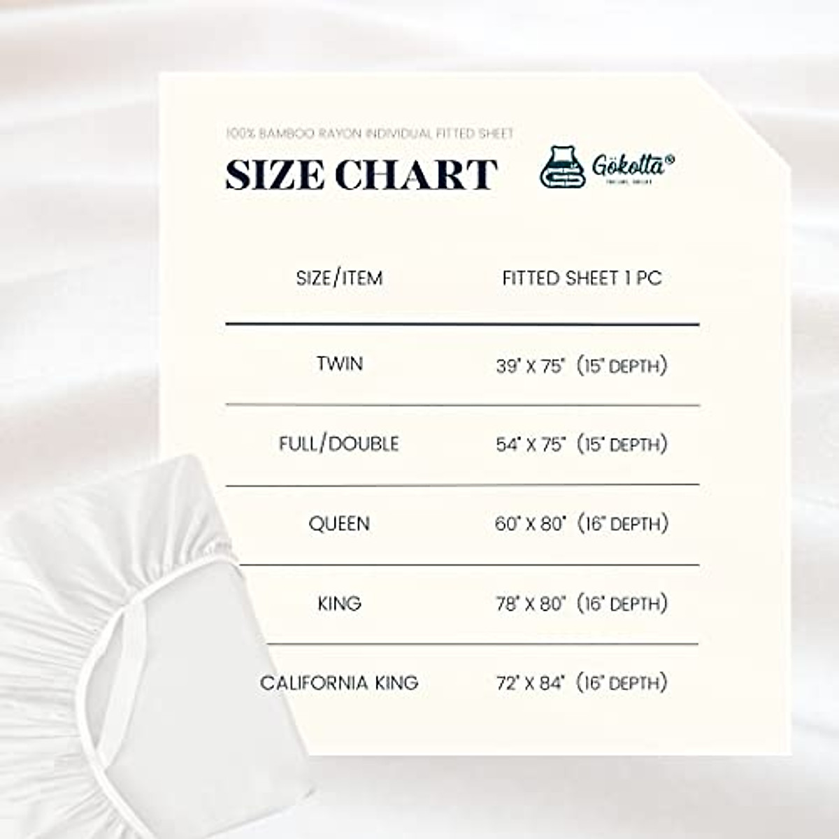 GOKOTTA Fitted Sheet Only - 16 Inch Pocket Bamboo Fitted Sheet, Super Soft and Cooling Bottom Sheet with 4 Elastic Corner Straps(Cream White, California King)