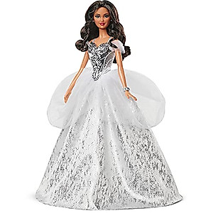 Barbie Signature 2021 Holiday Doll (12-inch, Brunette Hair) in Silver Gown, with Doll Stand and Certificate of Authenticity, Gift for 6 Year Olds and Up