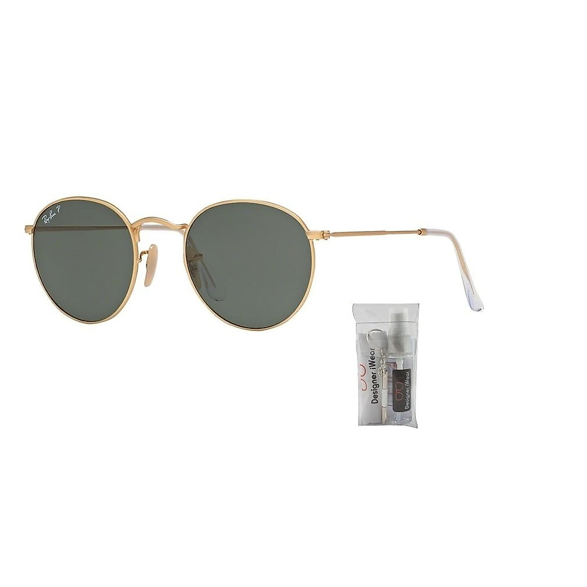 Ray-Ban RB3447 ROUND METAL 112/58 50M Matte Gold/Green Polarized Sunglasses For Men For Women + BUNDLE with Designer iWear Eyewear Kit