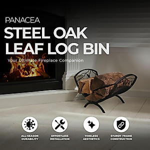 Panacea Colonial Compact Foldable Open Top Powder-coated Steel Oak Leaf Design Log Bin with Pan for Firewood Organization, Brown