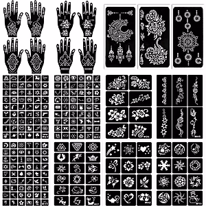 ChurlChurl 229pcs Henna Tattoo Stencils, 19 Sheets Temporary Tattoo Stencils for Women Girls Kids Face Body Paint DIY Art Glitter Airbrush Tattoo Stencils Pack