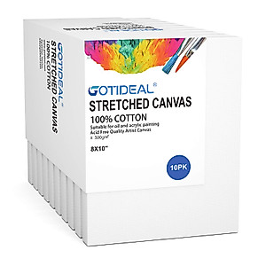 GOTIDEAL Stretched Canvas, 8x10" Inch Set of 10, Primed White - 100% Cotton Artist Canvas Boards for Painting, Acrylic Pouring, Oil Paint Dry & Wet Art Media