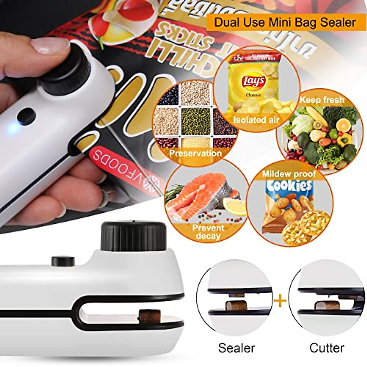 HSLGOVE Bag Sealer, Mini Bag Sealer Rechargeable, Upgraded 2 in 1 Vacuum Bag Sealer and Cutter with Soft Magnetic/ Security Lock Portable Chip Bag Sealer for Plastic Bags, Food Snacks Freshness