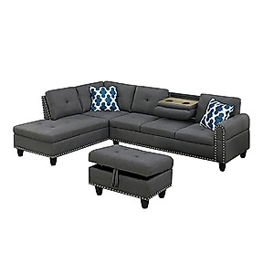 FANYE L-Shaped Sectional Sofa with Right Chaise & Nailhead Decor,Modern Faux Leather Tufted Upholstered Corner Sofa&Couch W/Cup Holders and Storage Ottoman for Home Apartment Office Living Room