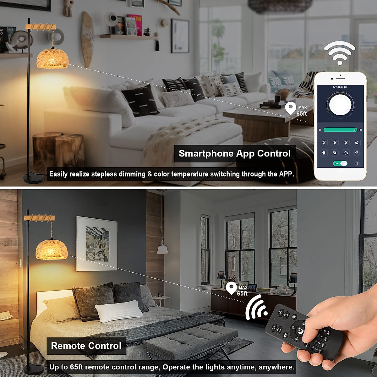 Stepeak Boho Floor Lamp with Remote, Farmhouse Dimmable Rattan Standing Lamp with Smart Blub, Bamboo Lampshade, App Control, Wood Black Tall Lamp for Living Room Bedroom Office, 9W LED Bulb Included