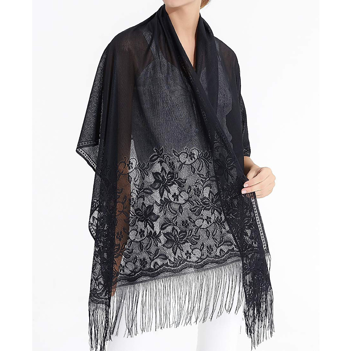 RIIQIICHY Women's Floral Lace Mesh Party Prom Wedding Shawl Scarf with Fringe