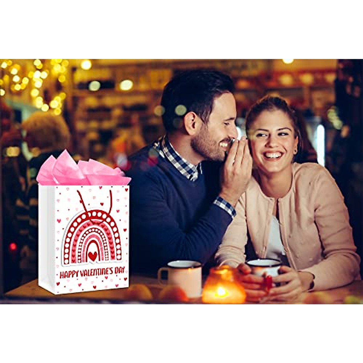 FaCraft Happy Valentines Day Gift Bag with Handle Large Rainbow Valentines Gift Bag with Tissue Paper,Love Heart Romantic Valentines Gift Bags for Her Him Men Girlfriend Boyfriend Husband Wife