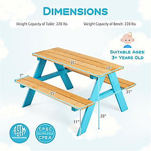 Costzon Kids Picnic Table, Fir Wood Children’s Activity Table with Benches, Toddler Patio Furniture Set, Kids Table and Chair Set for Outdoors, Backyard, Garden, Lawn, Gift for Boys Girls 3+