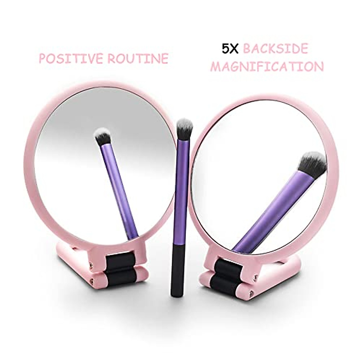 ANEIMIAH 1x 5X Magnifying Travel Hand Held Vanity Mirror,Compact Double Side Folding Magnification Hand Mirror for Women with 360°Rotating Handle Table Desk Small Round Make up Mirrors Pink