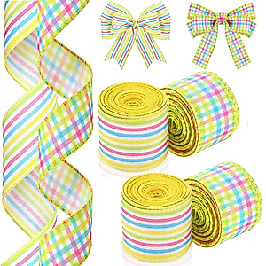 4 Roll 20 Yard Easter Buffalo Plaid Stripe Wired Ribbon, 2.5in Pink Blue Yellow Green Gingham Ribbon for Easter Favors Gift Wrapping Spring Home Decor DIY Crafts Hairbow Wreath Bouquet Craft Supplies