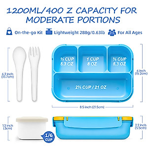 Sunhanny Lunch Box Kids, Bento Lunch Box for Girls Boys School, Lunch Containers for Adults Kids with 4 Compartments, Sauce Container, Utensils, Food Picks and Muffin Cups, Blue Dinosaur