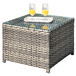 ovios Patio Coffee Table Outdoor Table Wicker Rattan Patio Table with Glass Top Garden Tea Table Side Table for Yard Garden Porch, Grey Wicker