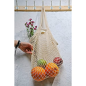 Reusable Grocery Net Bags, Cotton Mesh Tote, Farmer's Market Bags for Fruits and Vegetables, String Shopping Organizer, Storage Bag with Long Handles, 2 Packs (Beige, Gray)