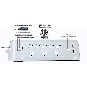 MaxWorks 50390 900 Joule 8 Outlet Power Strip with 2 USB Charging Ports, 8 Foot Power Cord 1875W 15A 125V 60HZ SJT 14/3