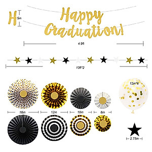 KAXXI Graduation Decorations 2023 Black and Gold, Happy Graduation Banners with Paper Fans Star Garland Confetti Balloons Set for Grad Party Supplies