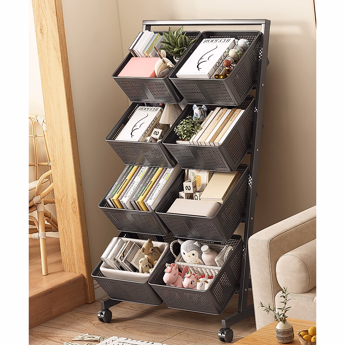 asunflower Kitchen Baskets Storage Cart 4 Tier Rolling Cart with Wheels Metal Fruit Baskets Rack Utility Organzier Cart with Push Handle Wire Fruit Vegetable Stand, Black