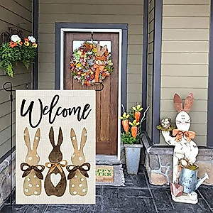 CROWNED BEAUTY Easter Bunnies Garden Flag 12x18 Inch Double Sided for Outside Burlap Small Polka Dots Brown Welcome Holiday Yard Flag CF718-12