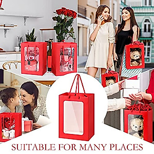 50 Pcs Paper Gift Bags with Transparent Window Clear Gift Bags Empty Gift Basket Flower Bag with Handles for Wedding Bridal Shower Thanksgiving Present Festival Party (Red, 10 x 7.1 x 5.1 Inch)