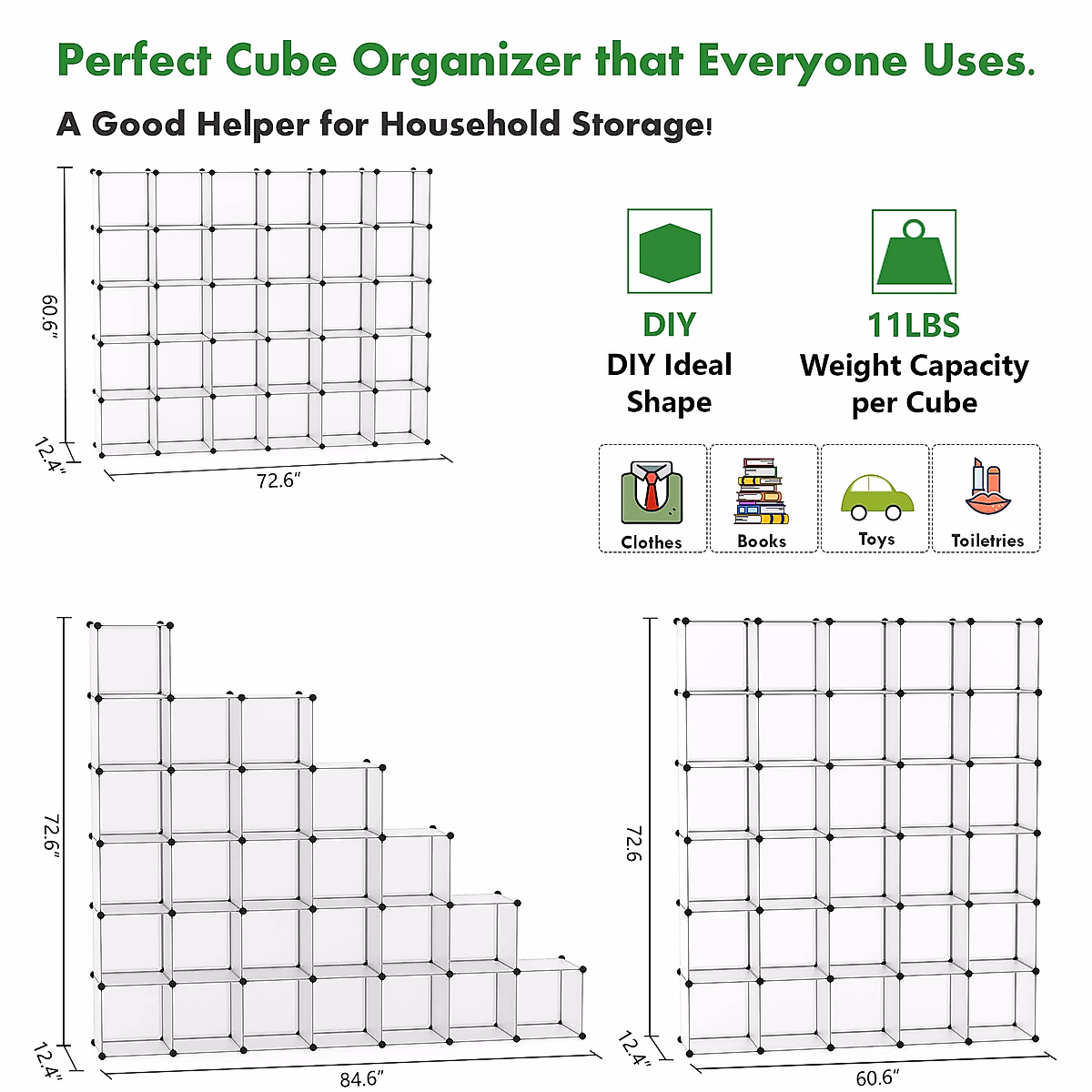 C&AHOME Cube Storage Organizer, 30-Cube Shelves Units, Closet Cabinet, DIY Plastic Modular Book Shelf, Ideal for Bedroom, Living Room, Office, 60.6" L x 12.4" W x 72.6" H Transparent White UPCS30W