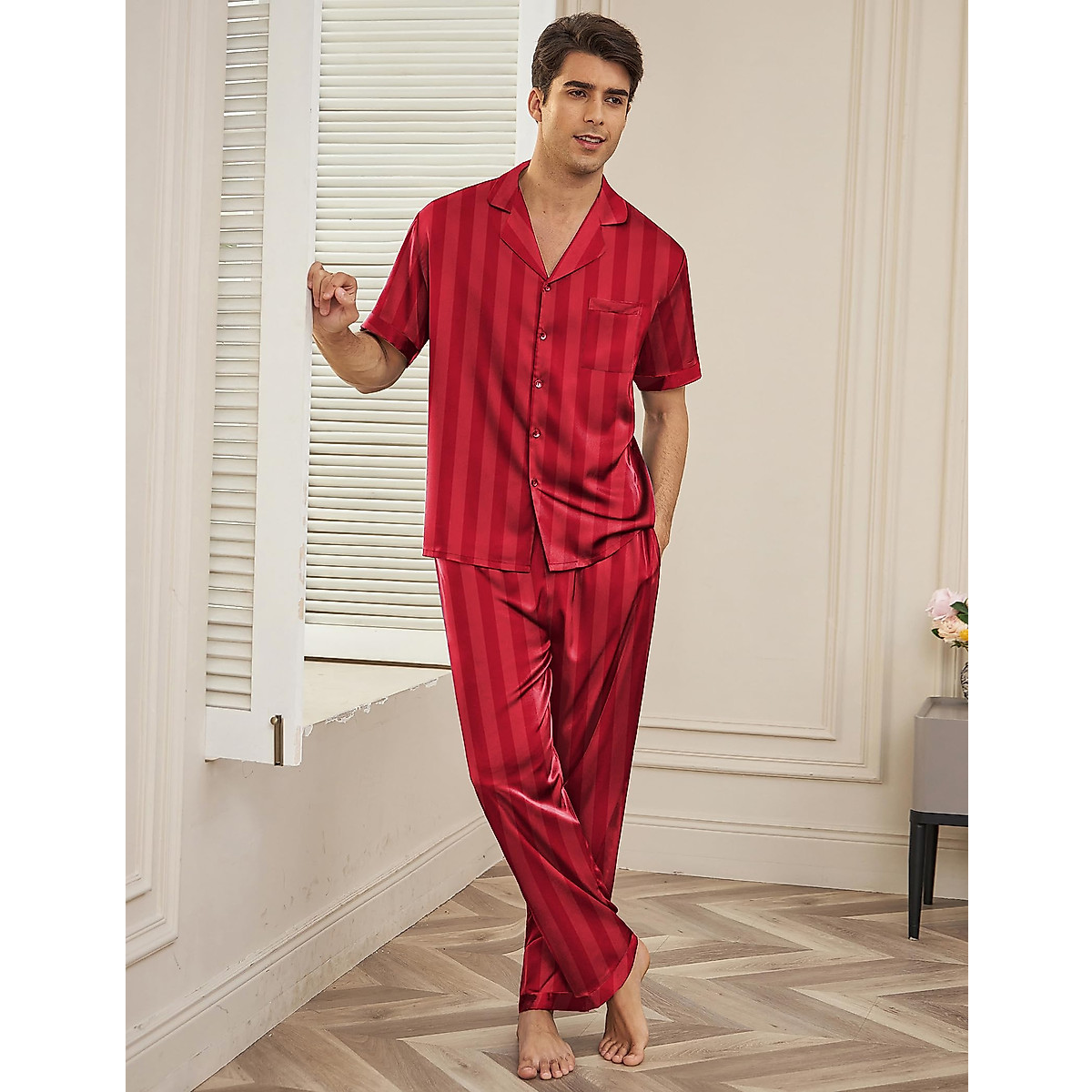Ekouaer Men Satin Silk Pajamas Set 2 Piece Button Down Sleepwear Long Pants Loungewear with Pockets