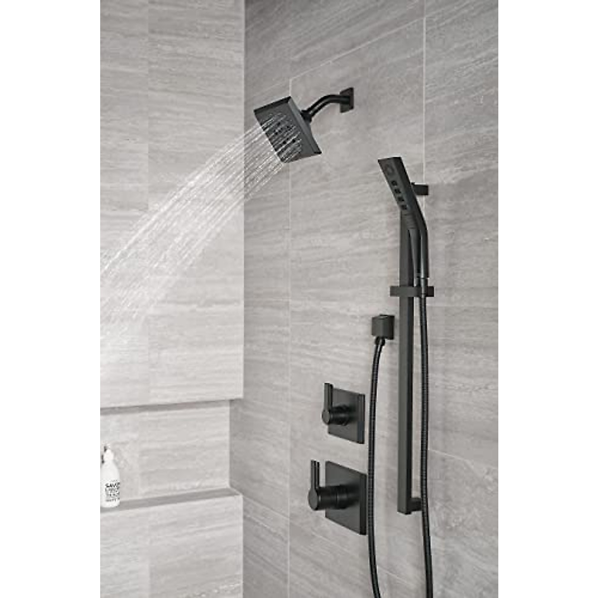 Delta Faucet Pivotal 3-Setting Matte Black Shower System Including Black Shower Head, Slide Bar Handheld Shower, Shower Handle, Shower Diverter and Shower Valve Kit, Delta Shower Trim Kit, Matte Black