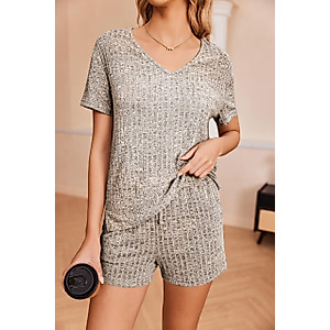 Ekouaer Womens Ribbed Knit Lounge Set Short Sleeve Top and Shorts Sleepwear Pajama Set Two Piece Shorts Outfits Set Khaki