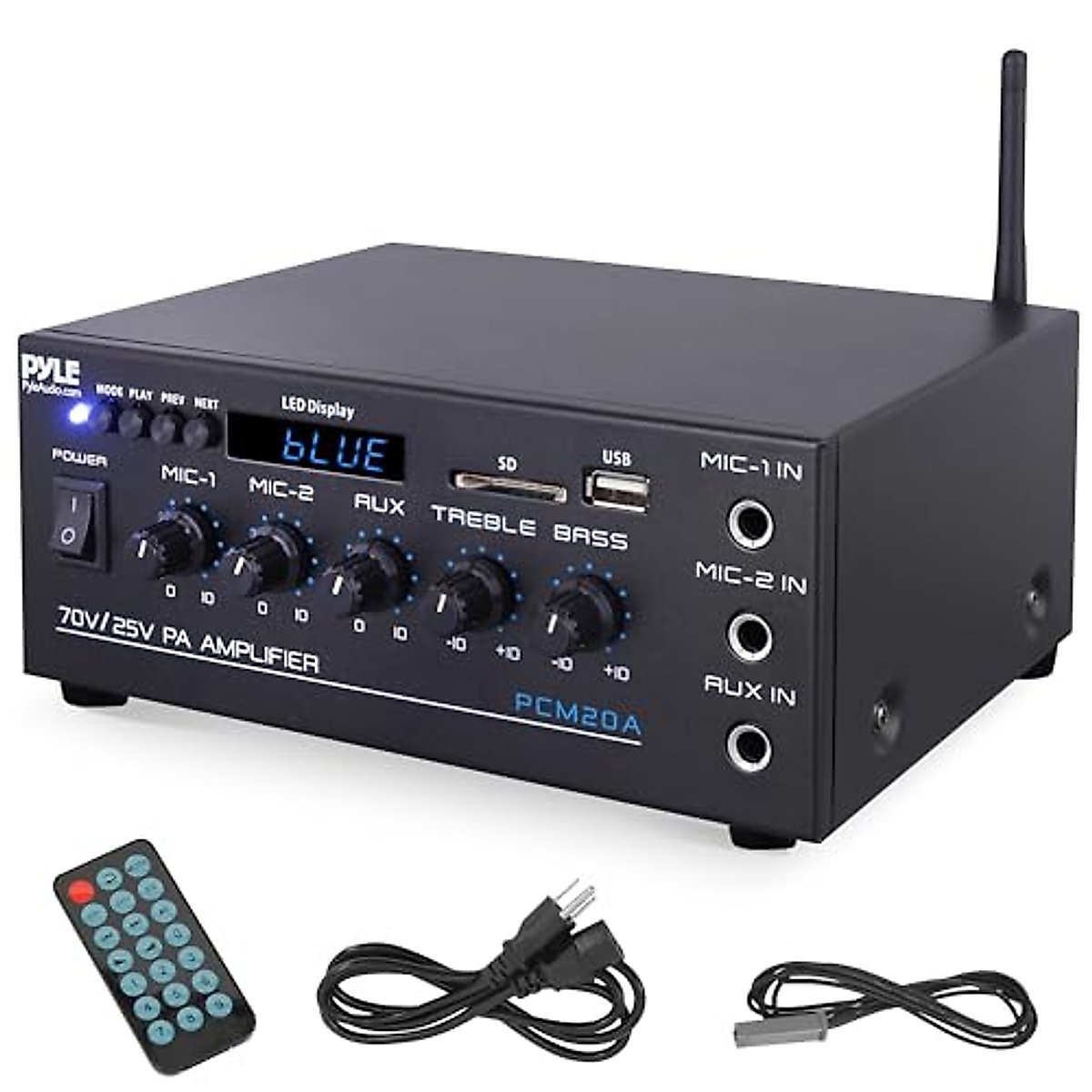 Pyle Compact Mini Home Power Amplifier - 40W Smart Small Audio Stereo Receiver w/ AUX 2 Microphone IN COM/8-Ohm/25V/70V Speakers LED Input Selector For PA Amplified Speaker Sound System PCM20A