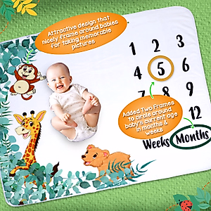 90210 Baby Milestone Blanket – 50x40-inch Milestone Blanket with Bib & Frames – Soft Fleece Baby Milestone Photo Blanket – Gender Neutral Baby Grow Chart Blanket for Nursery Décor Baby Shower (Jungle)