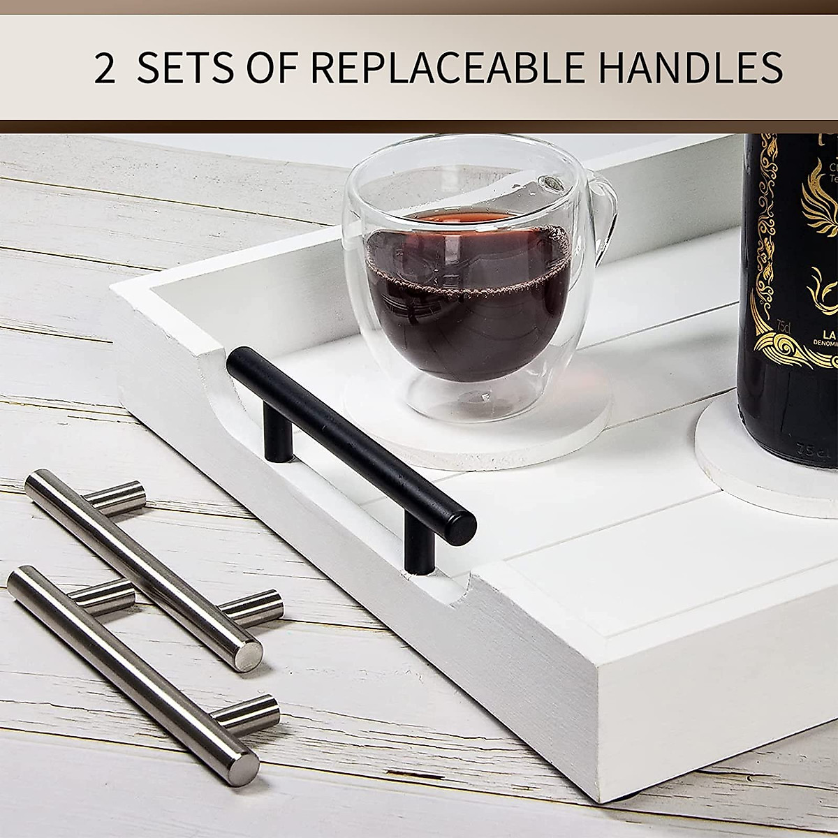 SXNOWS White Wooden Coffee Table Tray - Large Ottoman Tray for Living Room - White Wooden Serving Tray with Handles(2 Sets) - Wooden Serving Tray for Ottoman, 4 Round Coasters Included