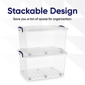 Superio 44 Qt Clear Plastic Storage Bin with Lid and Wheels, Non-Toxic, BPA Free, Odor Free, Organizer Storage Box, Stackable Plastic Tote for Home, Garage, Closet