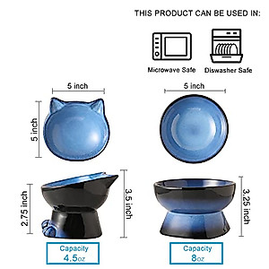 Nihow Elevated Cat/Dog Bowls Set : 5 Inch Ceramic Raised Cat Food and Water Bowl Set for Protecting Pet's Spine - Feeding & Watering Supplies for Pets- Elegant Blue & Black (2PC)