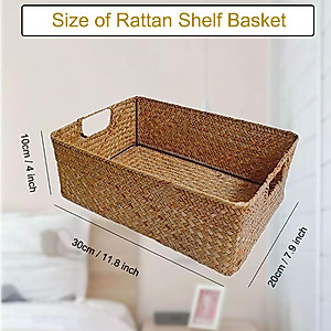 1 Pcs Handwoven Wicker Shelf Baskets, Natural Bamboo Rectangular Organizing Baskets for Shelf/Table, Built-in Iron Rack Wicker Storage Basket for Snack Cat Strip Small Things
