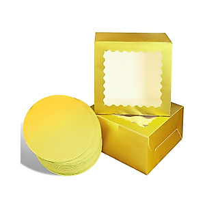 Bakepacker Matte Gold 18-Packs Cake Boxes with Windows, 10x10x5 inch 18pcs Cake Container, 10 Inch 18pcs Cake Carrier Boxes with Matte Gold Cake Boards Included