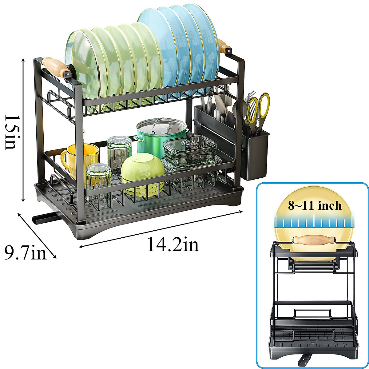 SNTD Dish Drying Rack, 2-Tier Dish Rack with Drainboard Auto Drain Spout, Kitchen Counter Dish Drainer with Utensil Holder Sink Caddy, Dish Dryer Rack Over Sink Organizer Black